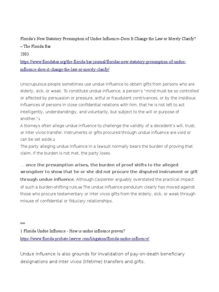 Florida's New Statutory Presumption of Undue Influence-Does It Change ...