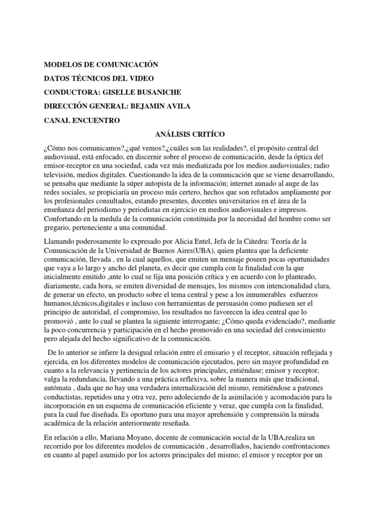Análisis Crítico De Los Modelos De Comunicación Pdf Medios De