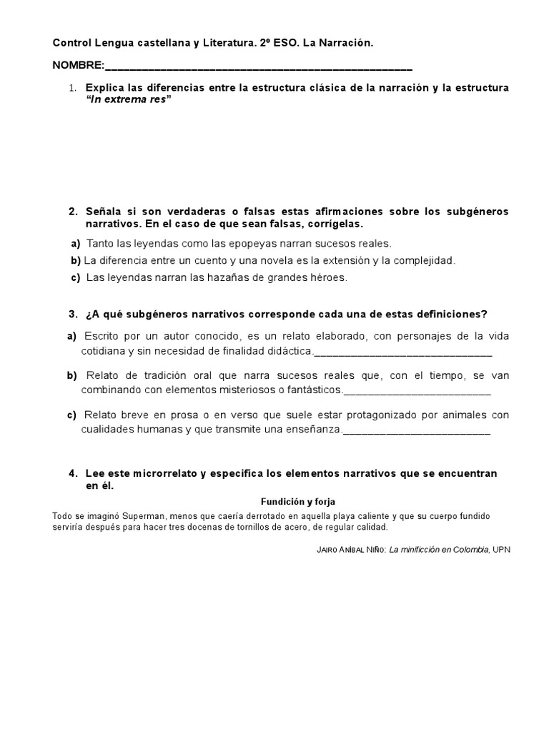 Control Narración 2º | PDF | Leyendas | Narrativa