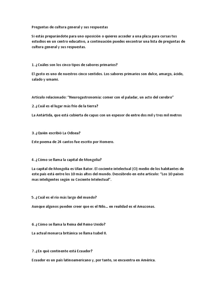 Preguntas de Cultura General y Sus Respuestas | PDF | Psicoterapia ...
