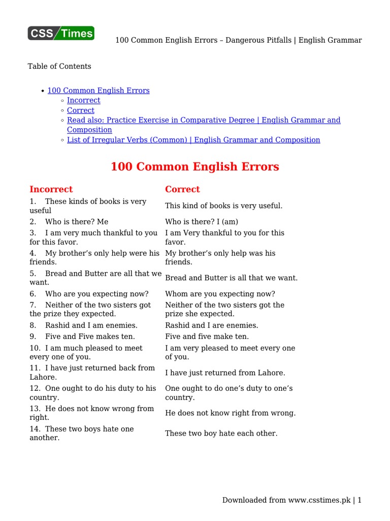 100 Common English Errors - Dangerous Pitfalls - English Grammar | PDF | English Grammar
