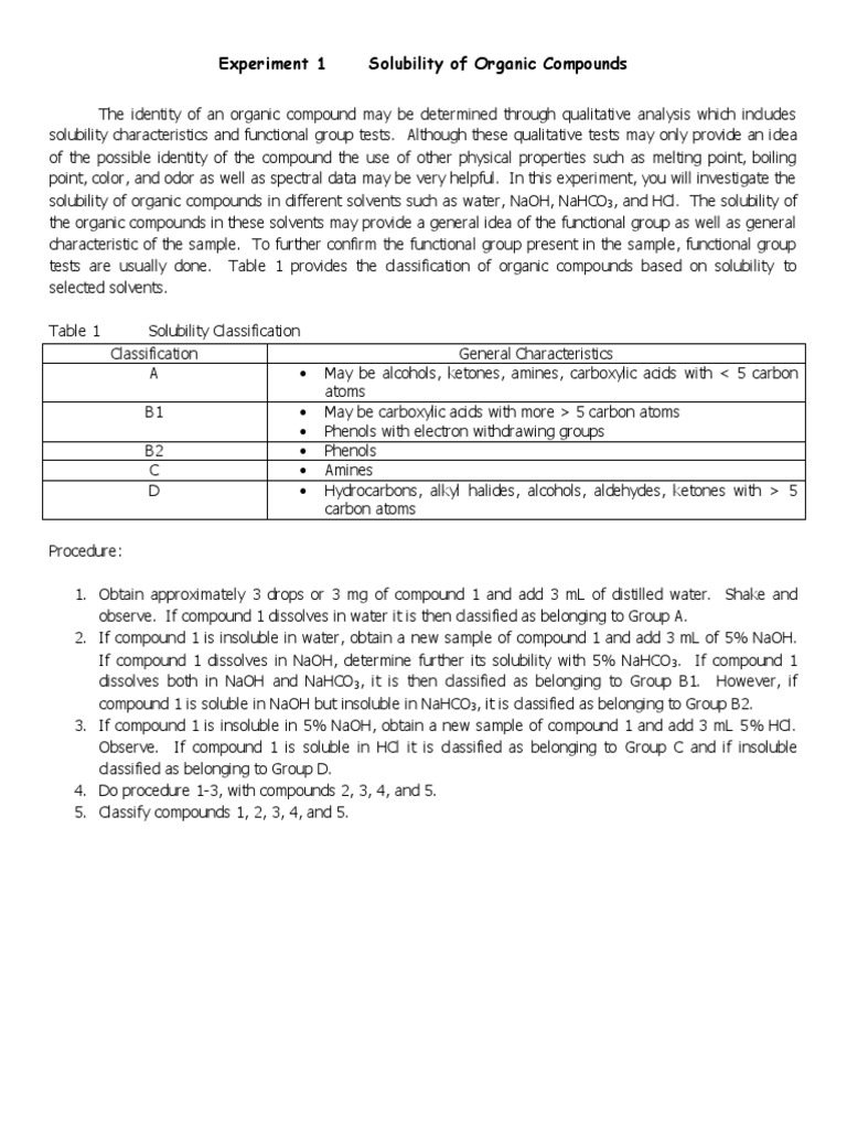Experiment 1 Solubility of Organic Compounds | PDF | Functional Group ...