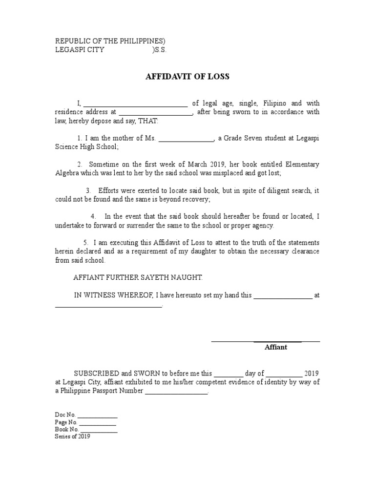 Affidavit of Loss For A Book | PDF