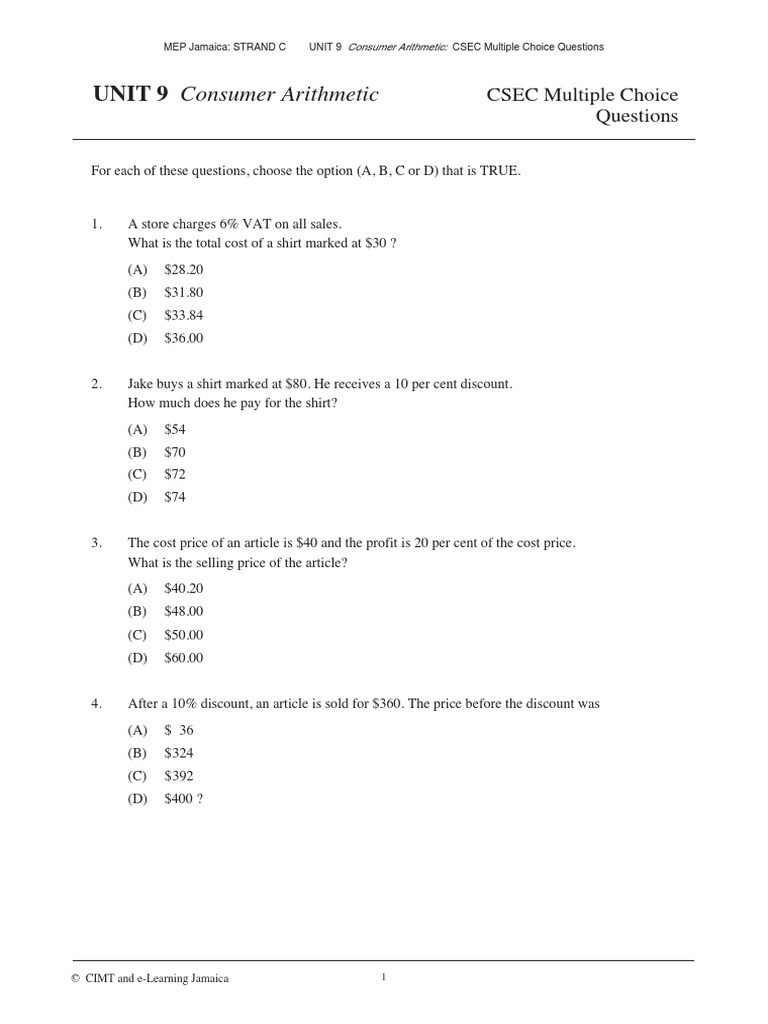 Consumer Arithmetic Multiple Choice Csec | PDF | Prices | Business Economics