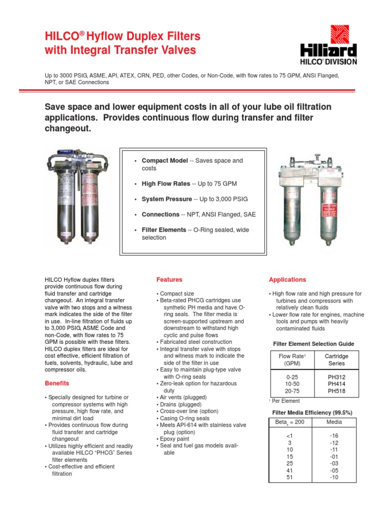 Hilco Hyflow Duplex Filters Datasheet | PDF | Filtration | Valve