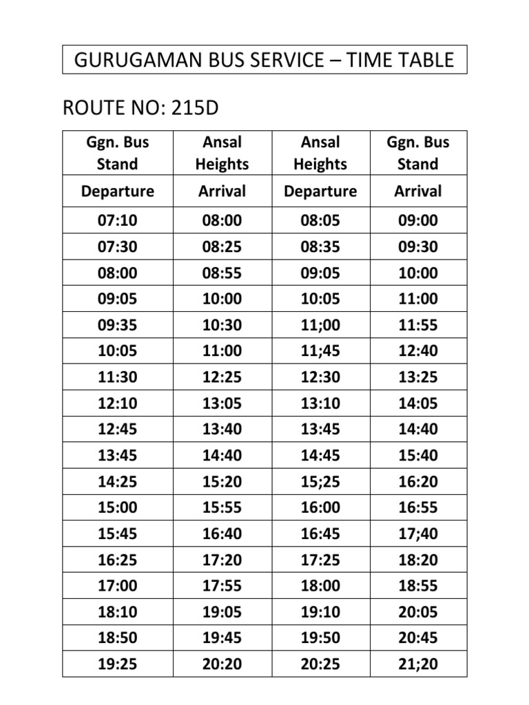 Gurugaman Bus Service - Time Table Route No: 215D | PDF