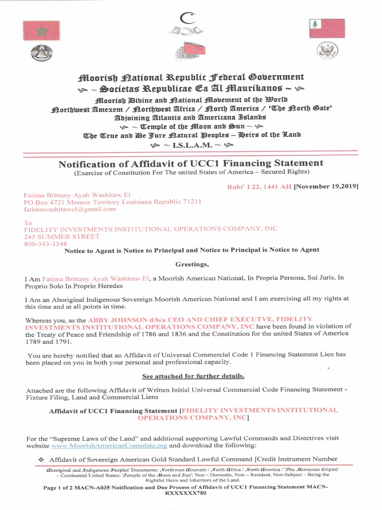 Affidavit of Written Initial Universal Commercial Code Financing ...