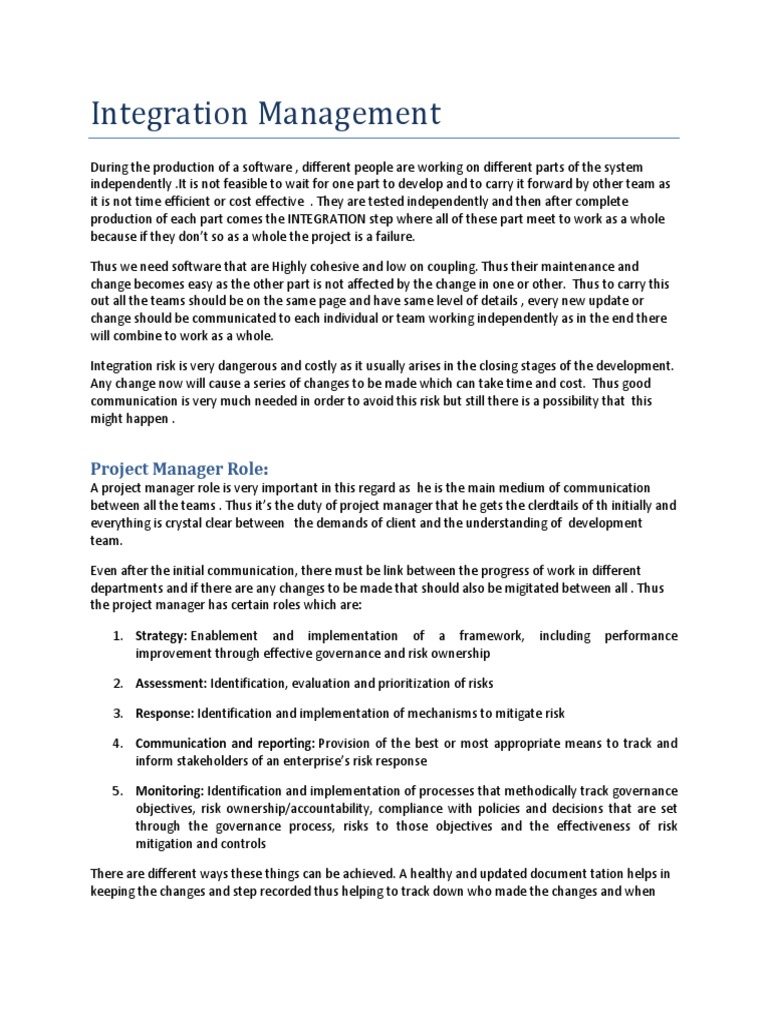 Integration Management: Project Manager Role | PDF | Risk | Governance