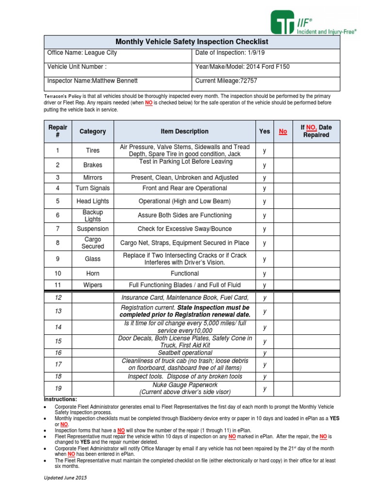 Monthly Vehicle Safety Inspection Checklist | PDF | Tire | Vehicles