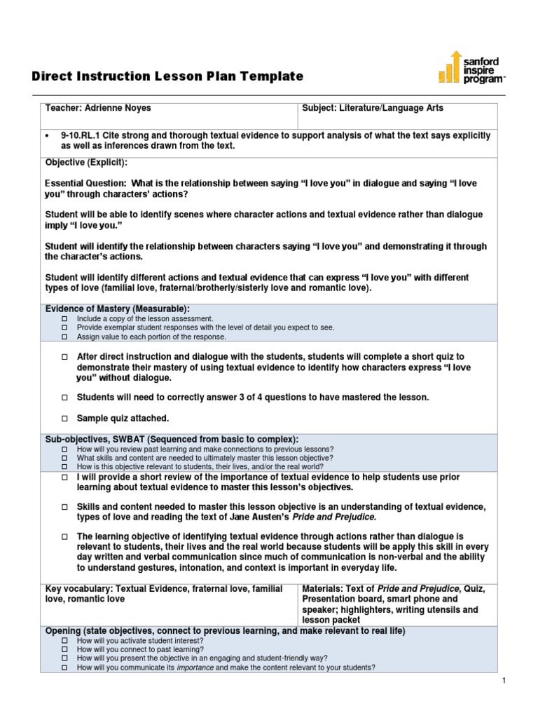 Direct Instruction Lesson Plan | PDF | Mr. Darcy | Lesson Plan