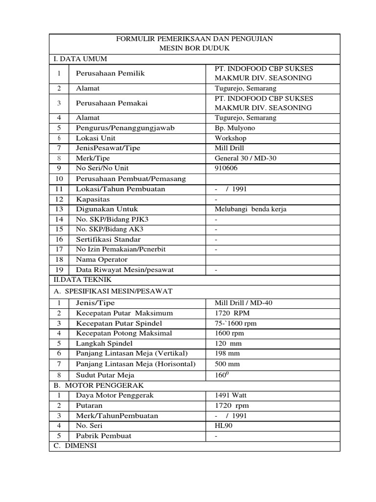 Checklist Pemeriksaan Mesin Bor Duduk | PDF