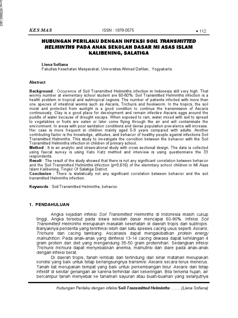 Helminths Pada Anak Sekolah Dasar Mi Asas Islam: Hubungan Perilaku Dengan Infeksi Soil ...