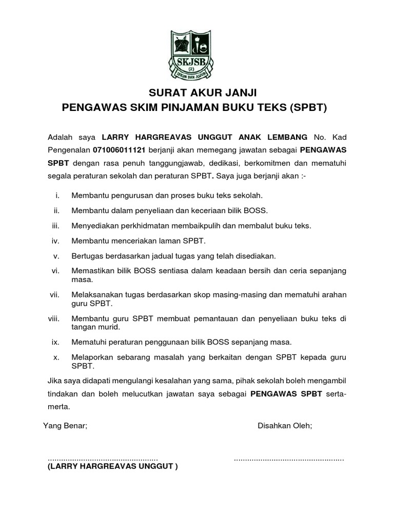 Surat Akur Janji Pengawas SPBT | PDF