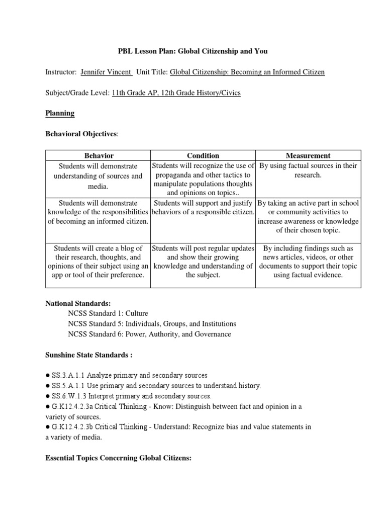 PBL Lesson Plan: Global Citizenship and You | PDF | Citation ...