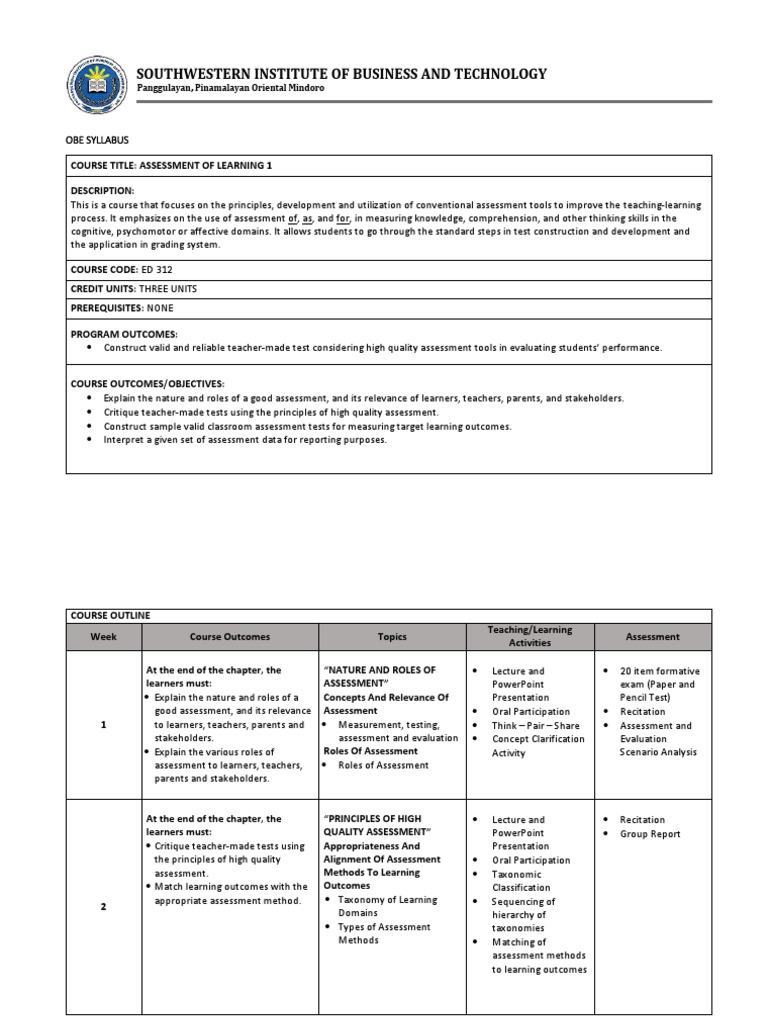 Assessment of Learning 1 Syllabus | Educational Assessment | Test ...
