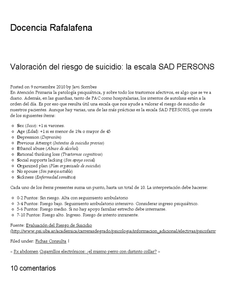 Valoración Del Riesgo de Suicidio - La Escala SAD PERSONS - Docencia ...