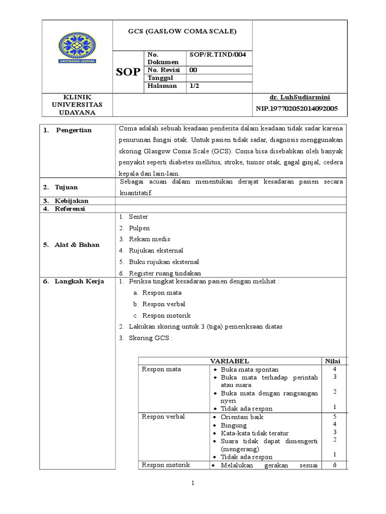 4 Sop Gcs (Gaslow Coma Scale) | PDF