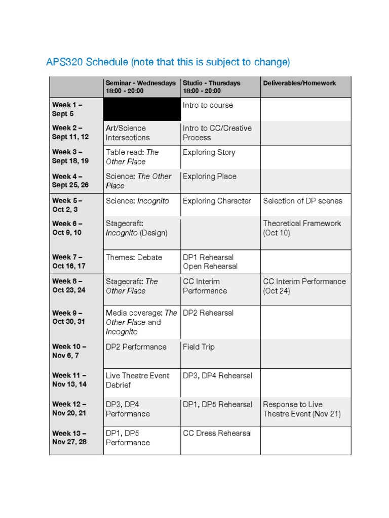 APS320 Fall 2019 Schedule | PDF