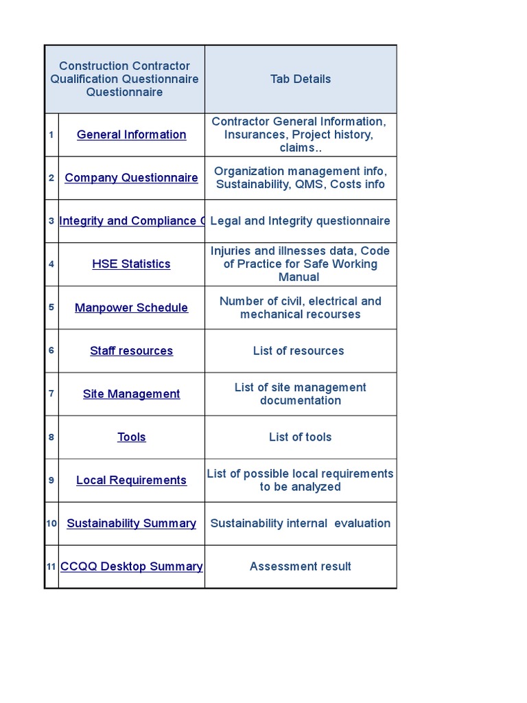 CCQQ Construction Contractor Qualification Questionnaire | Download ...