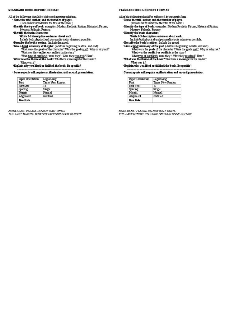 Standard Book Report Format Standard Book Report Format | PDF | Plot ...