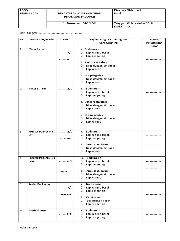 Form Sanitasi Peralatan Produksi | PDF