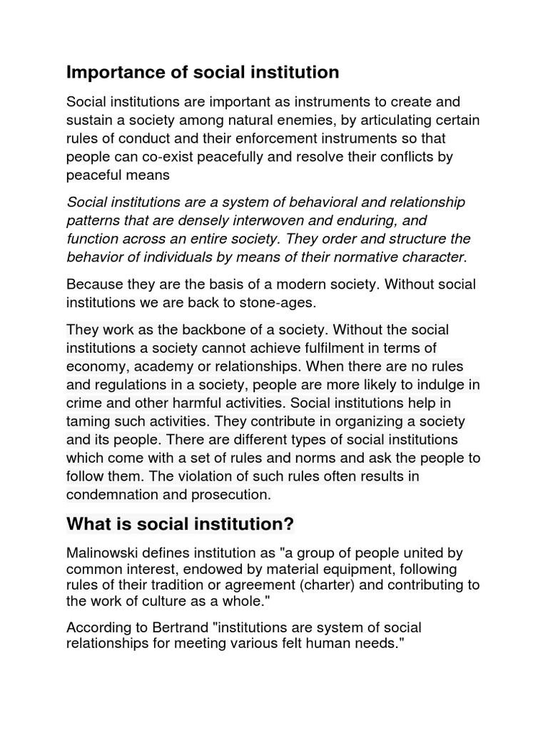 Importance of Social Institution | PDF