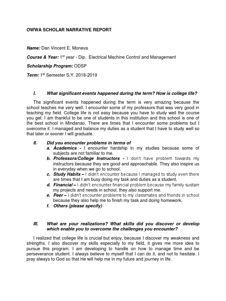 OWWA Scholar Narrative Report 2018-2019 | PDF | Career & Growth | Self ...