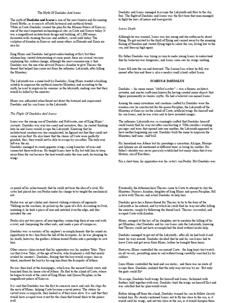 The Myth of Daedalus and Icarus | PDF | Minotaur | Greek Mythology