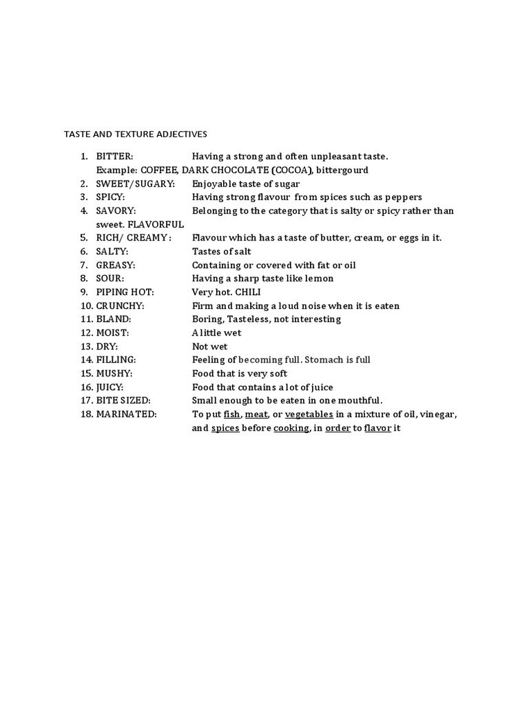 Taste and Texture Adjectives Guide | PDF | Cooking, Food & Wine | Lifestyle