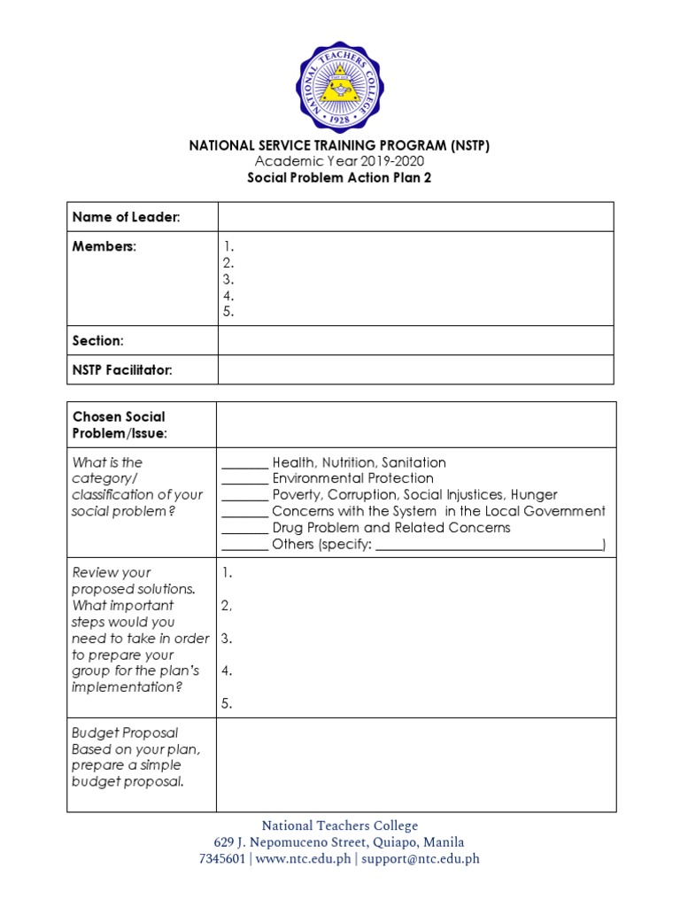 National Service Training Program (NSTP) Social Problem Action Plan 2 ...