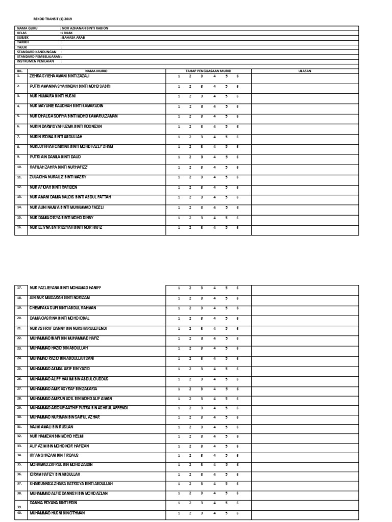 Contoh Rekod Transit Bahasa Arab | PDF