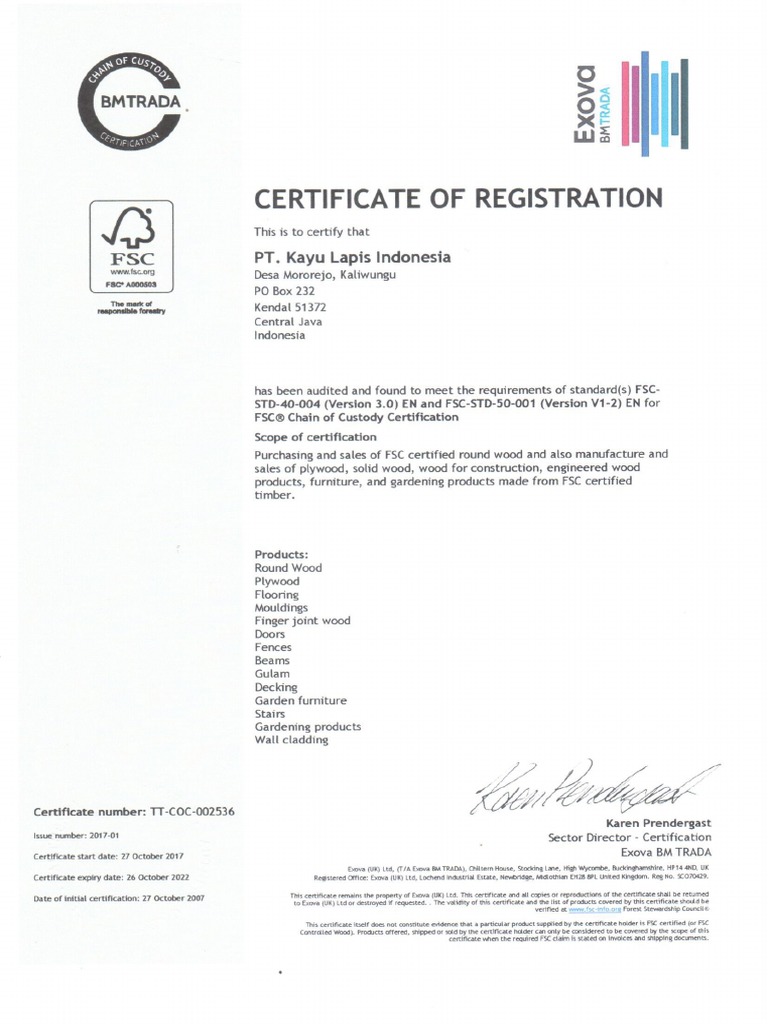 Certificate - FSC COC Renewed 2017 - KLI PDF | PDF