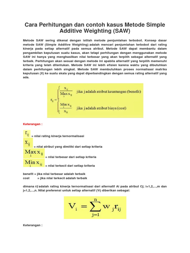 Cara Perhitungan Dan Contoh Kasus Metode Simple Additive Weighting (SAW ...