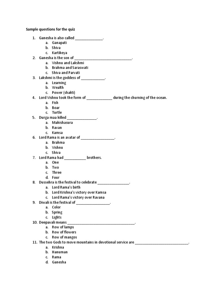 Hindu Mythology Quiz Questions | PDF | Religion & Spirituality