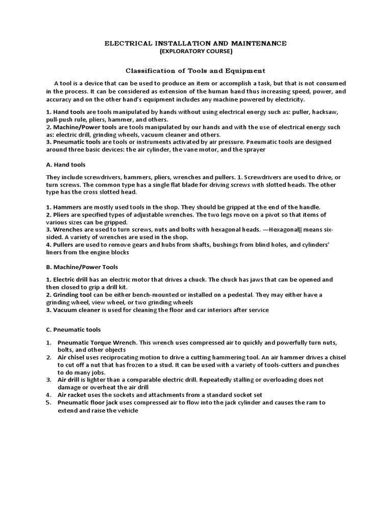 Classification of Tools and Equipment EIM G9 | PDF | Tools | Solution