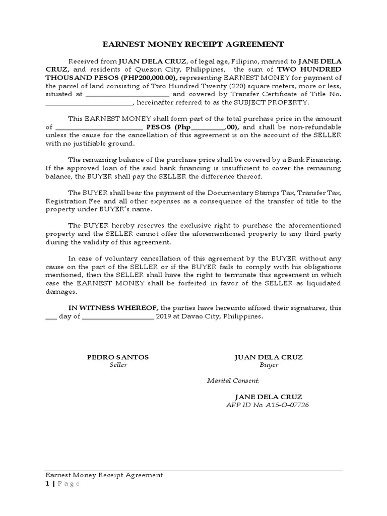 Earnest Money Agreement - Sample | PDF | Taxes | Services (Economics)