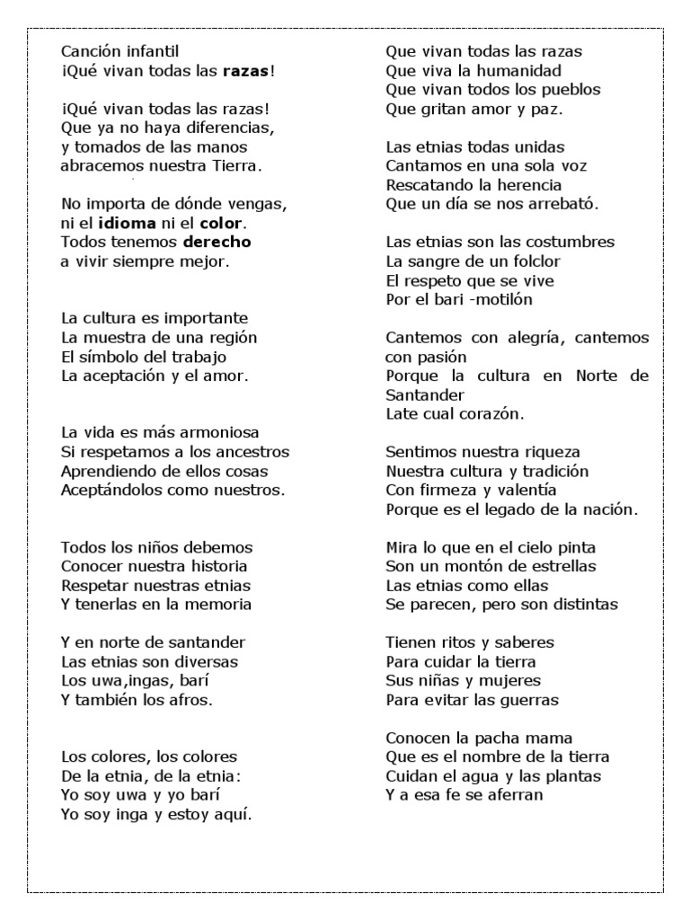 Canción Infantil - Qué Vivan Todas Las Razas | PDF