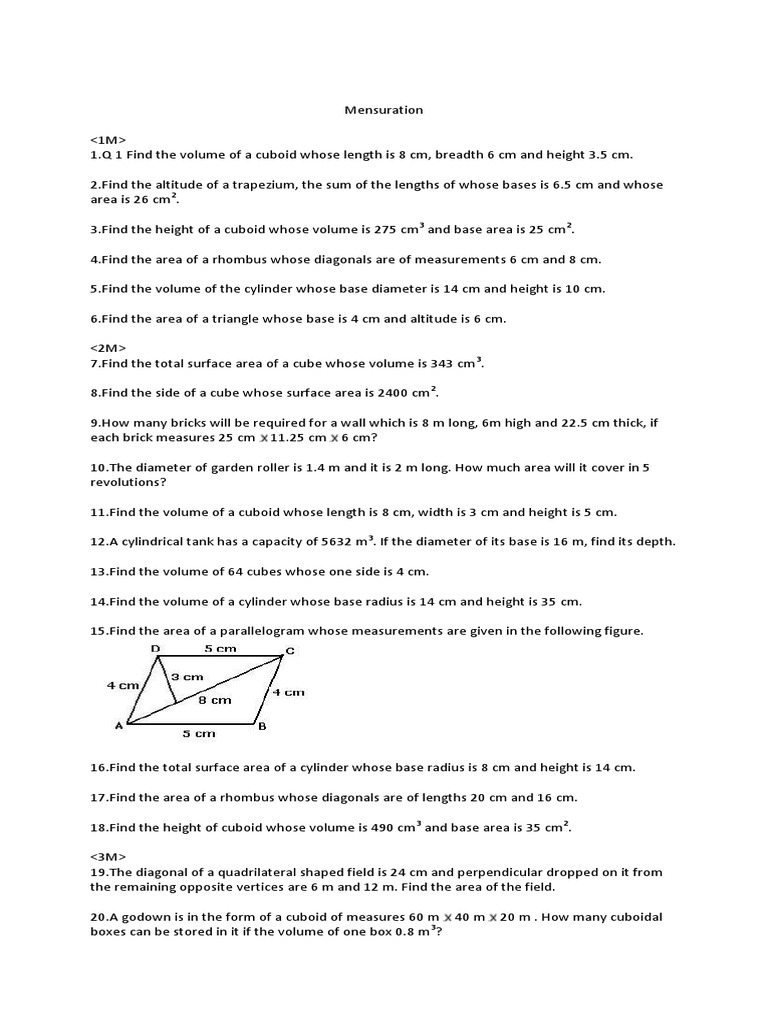 CBSE Class 8 Mathematics Worksheet - Mensuration PDF | PDF | Area | Volume