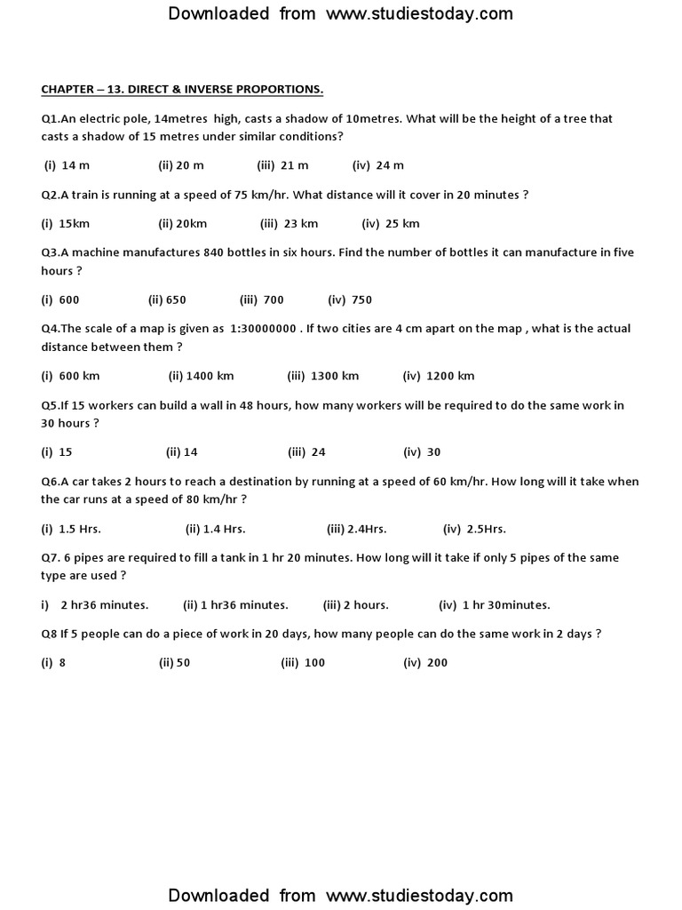 CBSE Class 8 Maths - Direct and Inverse Proportions MCQs PDF | PDF