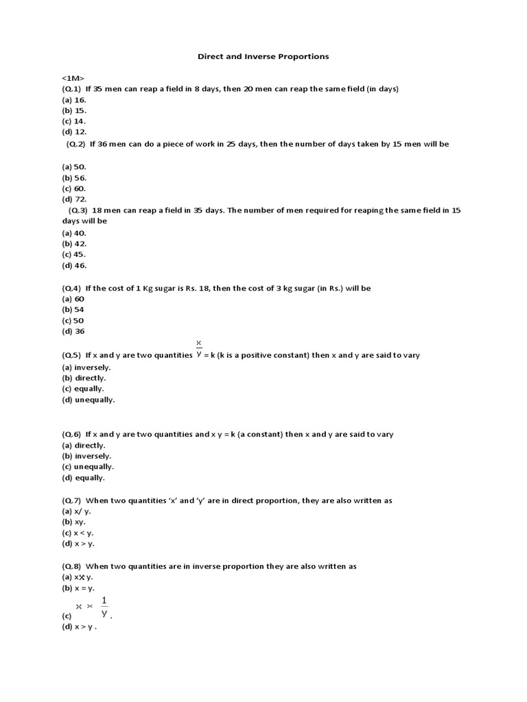 CBSE Class 8 Mathematics Worksheet - Direct and Inverse Variations PDF ...