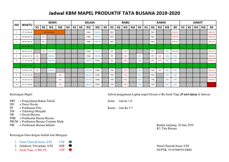 Jadwal Pelajaran Tata Busana SMK 2019-2020 | PDF