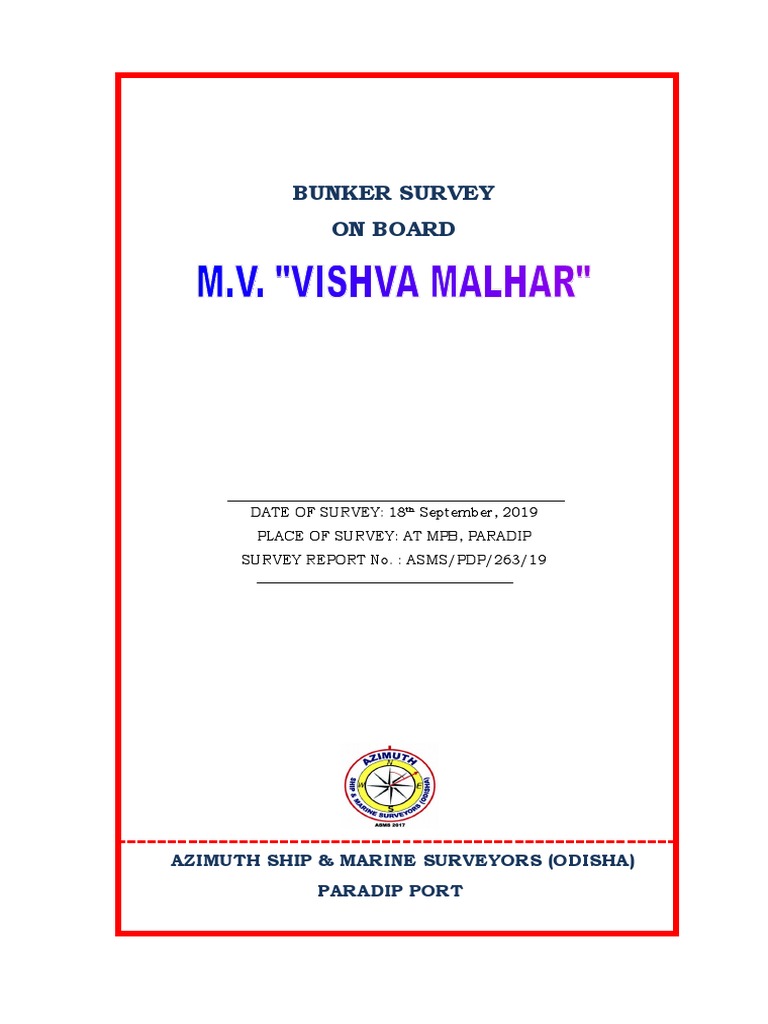 Bunker Survey Report for M.V. Vishva Malhar | PDF | Fuel Oil | Tonnage