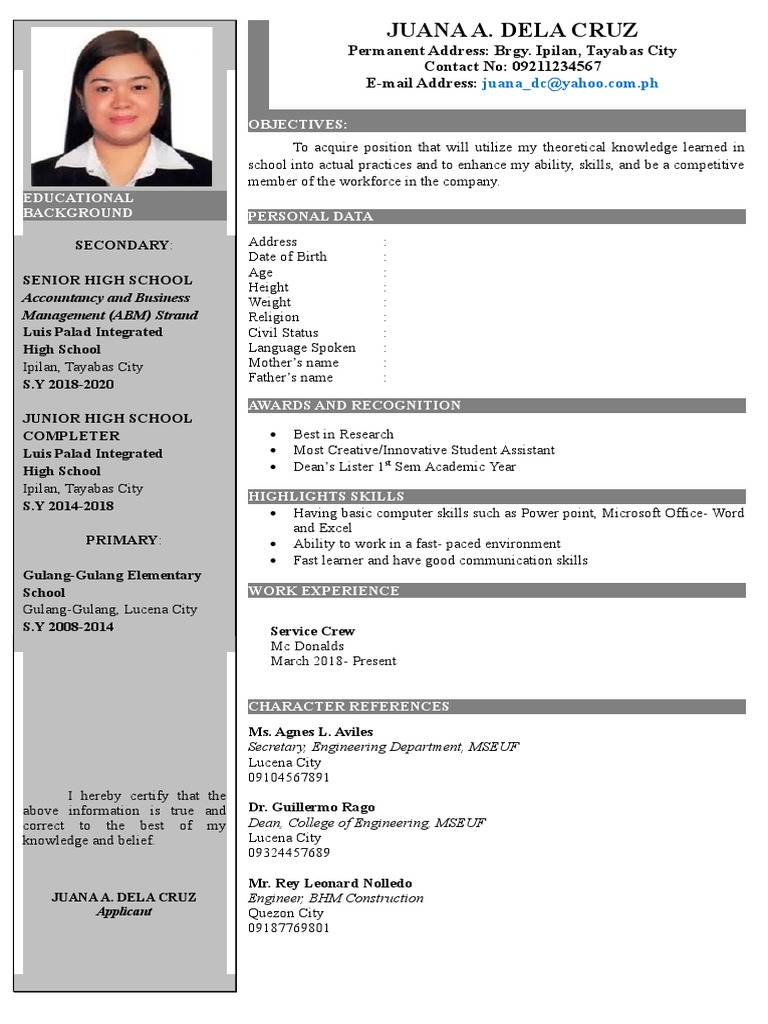 SHS Sample Resume 1 | Download Free PDF | Learning | Behavior Modification