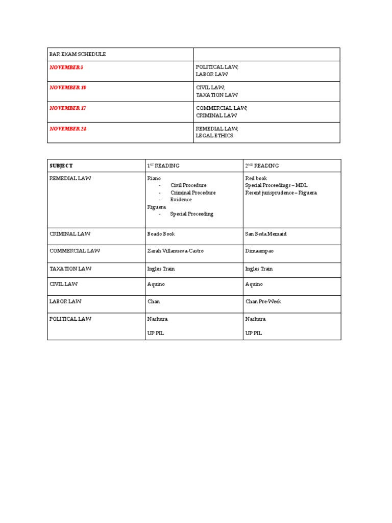 SAMPLE Bar Exam Schedule | Download Free PDF | Legal Education ...