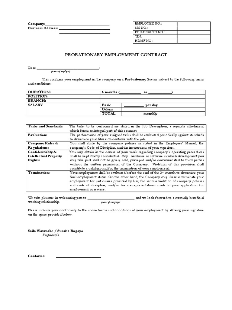 Probationary Contract Sample | PDF | Confidentiality | Employment