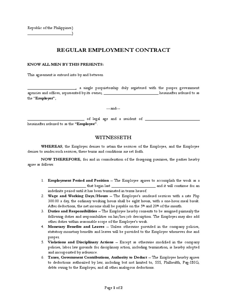 Regular Employee Contract Sample | PDF | Employment | Common Law