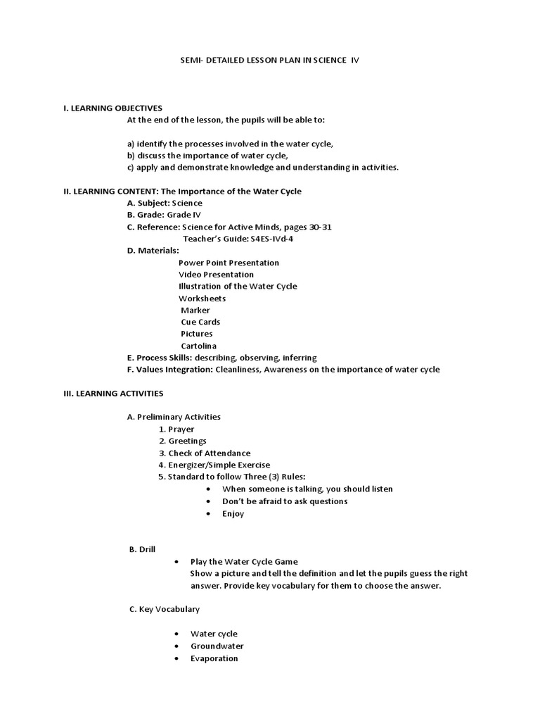 Semi-Detailed Lesson Plan | PDF | Water Cycle | Fresh Water