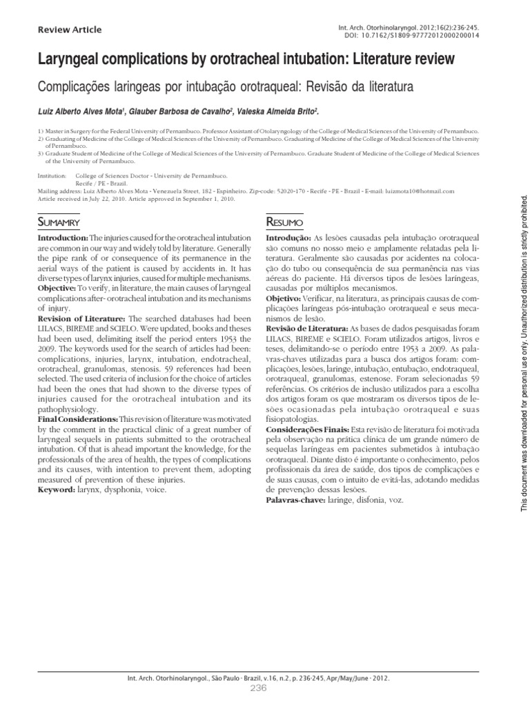 Laryngeal Injuries from Orotracheal Intubation | PDF | Larynx | Medical ...