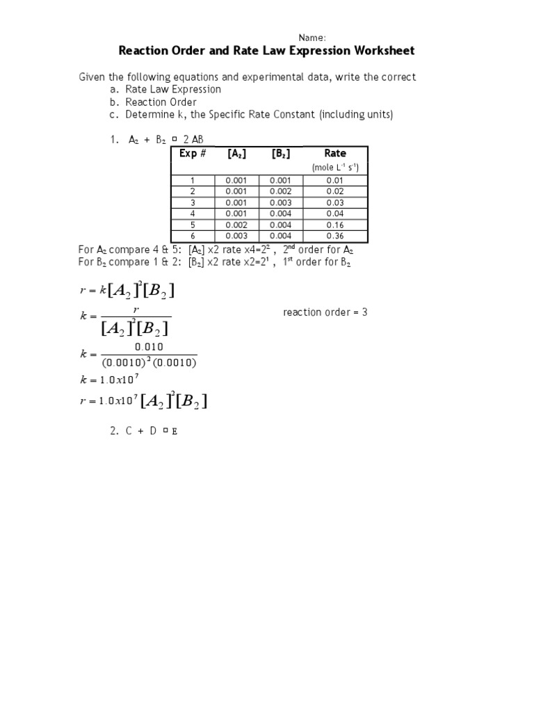 Reaction Order and Rate Law Expression Worksheet Key | PDF | Change ...