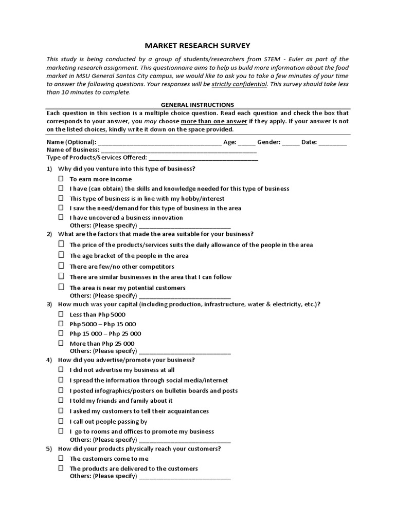 Market Research Survey Sample Questionnaire | PDF | Lunch | Marketing ...